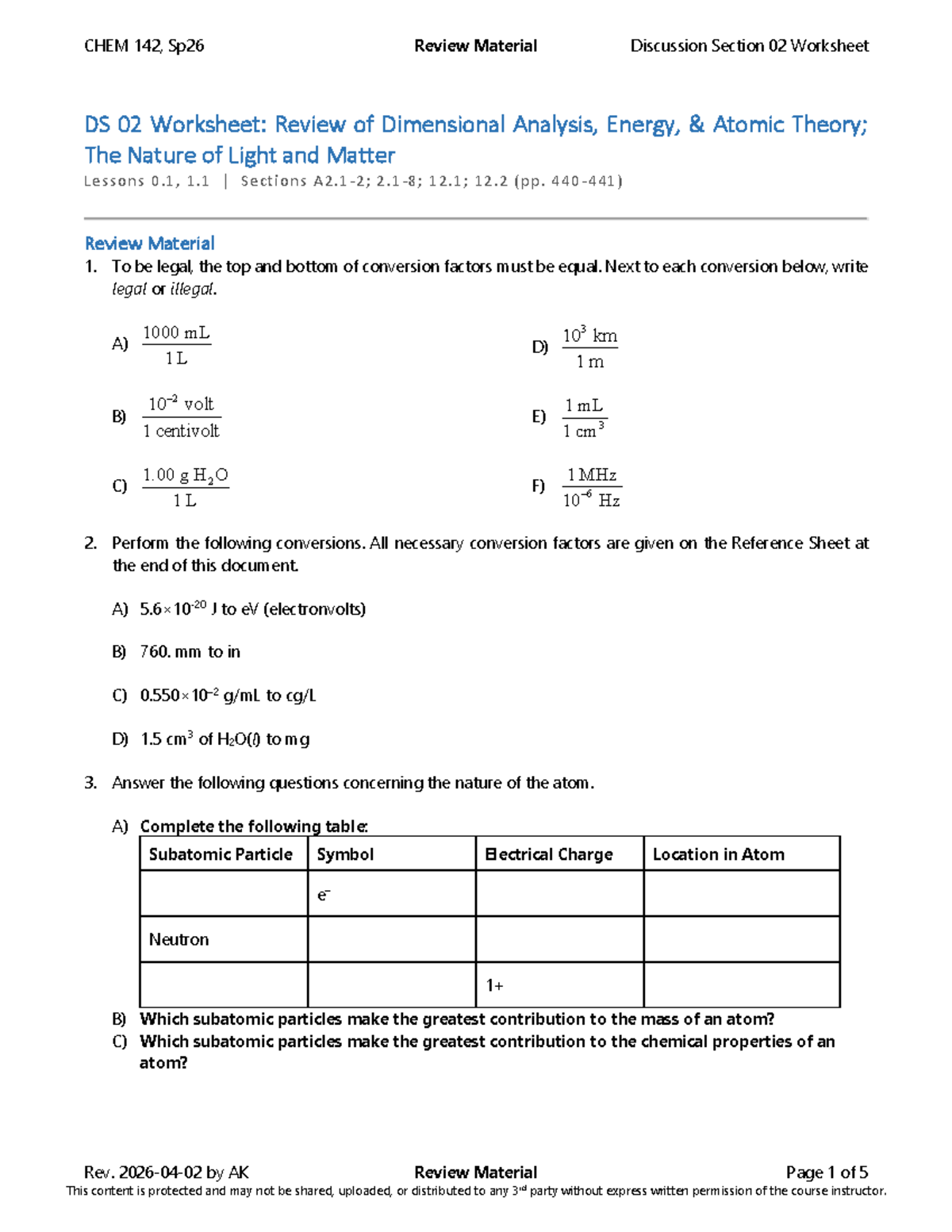 CHEM 142 Sp26 Discussion Section 02 Review Worksheet - Studocu