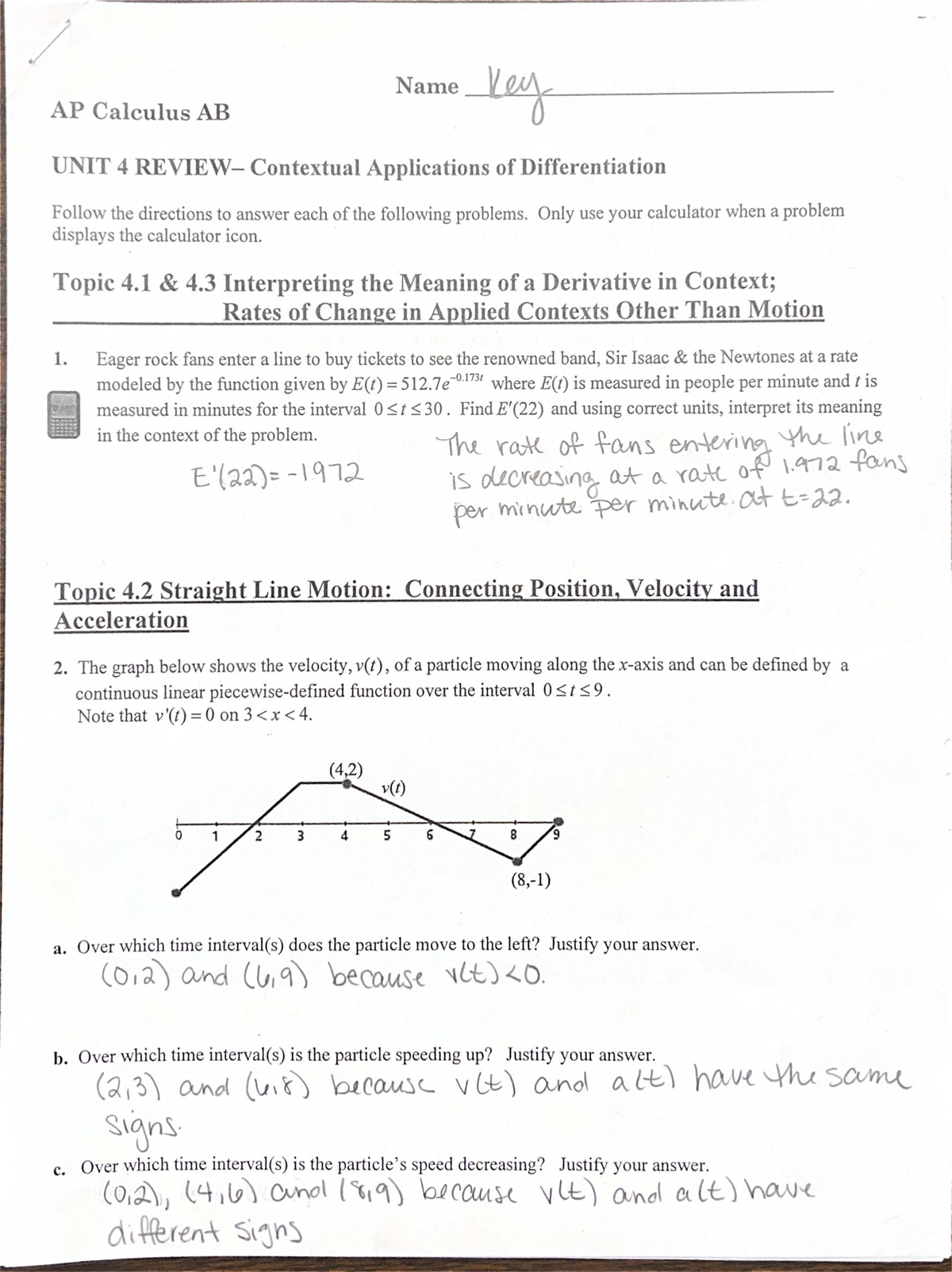AP Calculus AB Unit 4 Review Key: Contextual Applications of ...