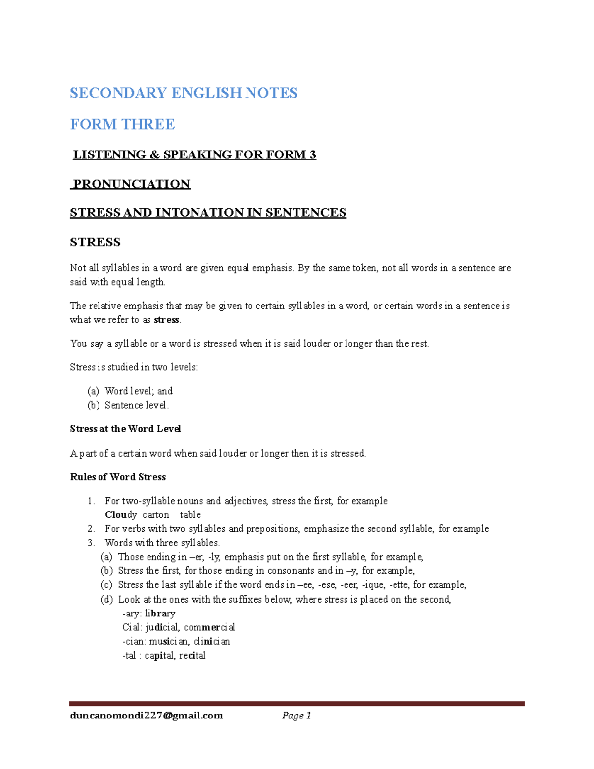 FORM 3 English Listening & Speaking Notes: Stress & Intonation - Studocu