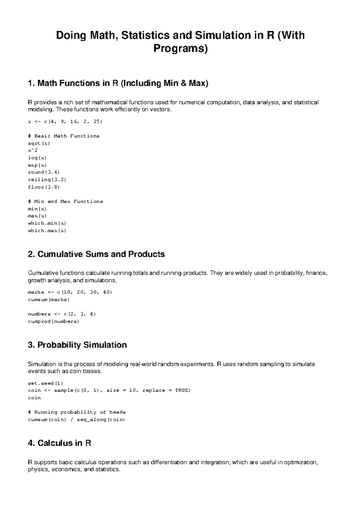 R Math, Stats & Simulation (With Programs) - v3 - Studocu