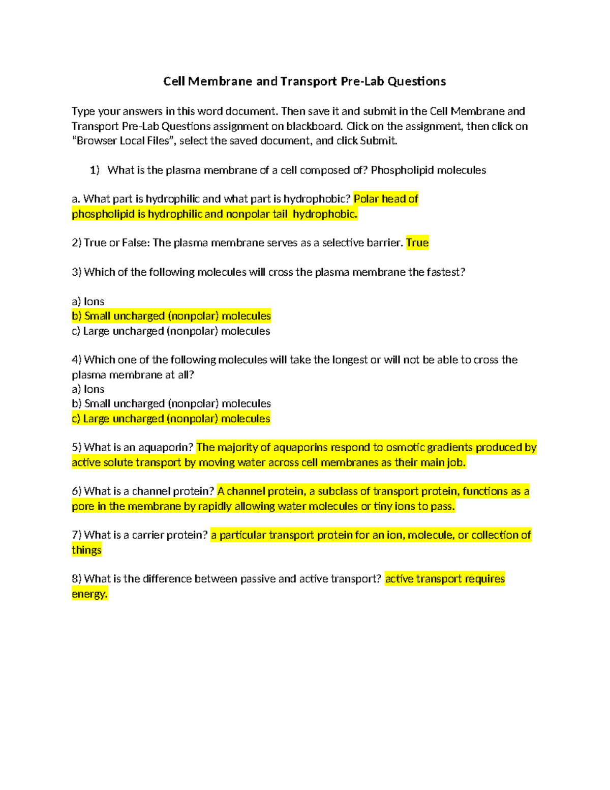 Cell Membrane and Transport Questions - Study Guide - Studocu