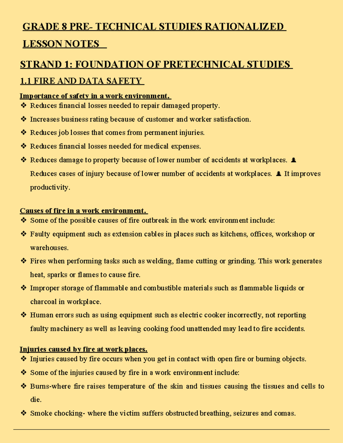 GRADE 8 TECHNICAL STUDIES LESSON NOTES: FIRE & DATA SAFETY - Studocu