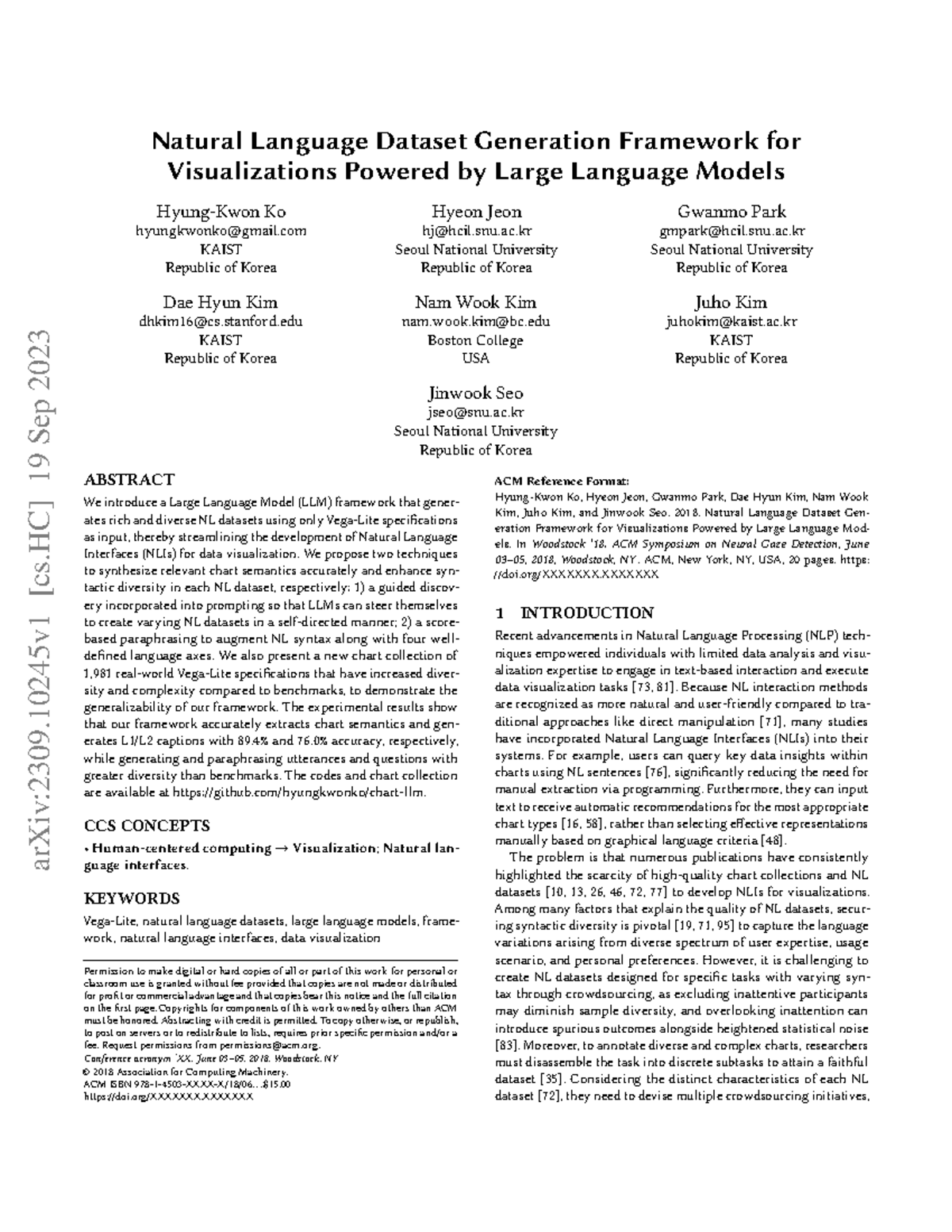 Natural Language Dataset Generation Framework for Visualizations (2309 ...