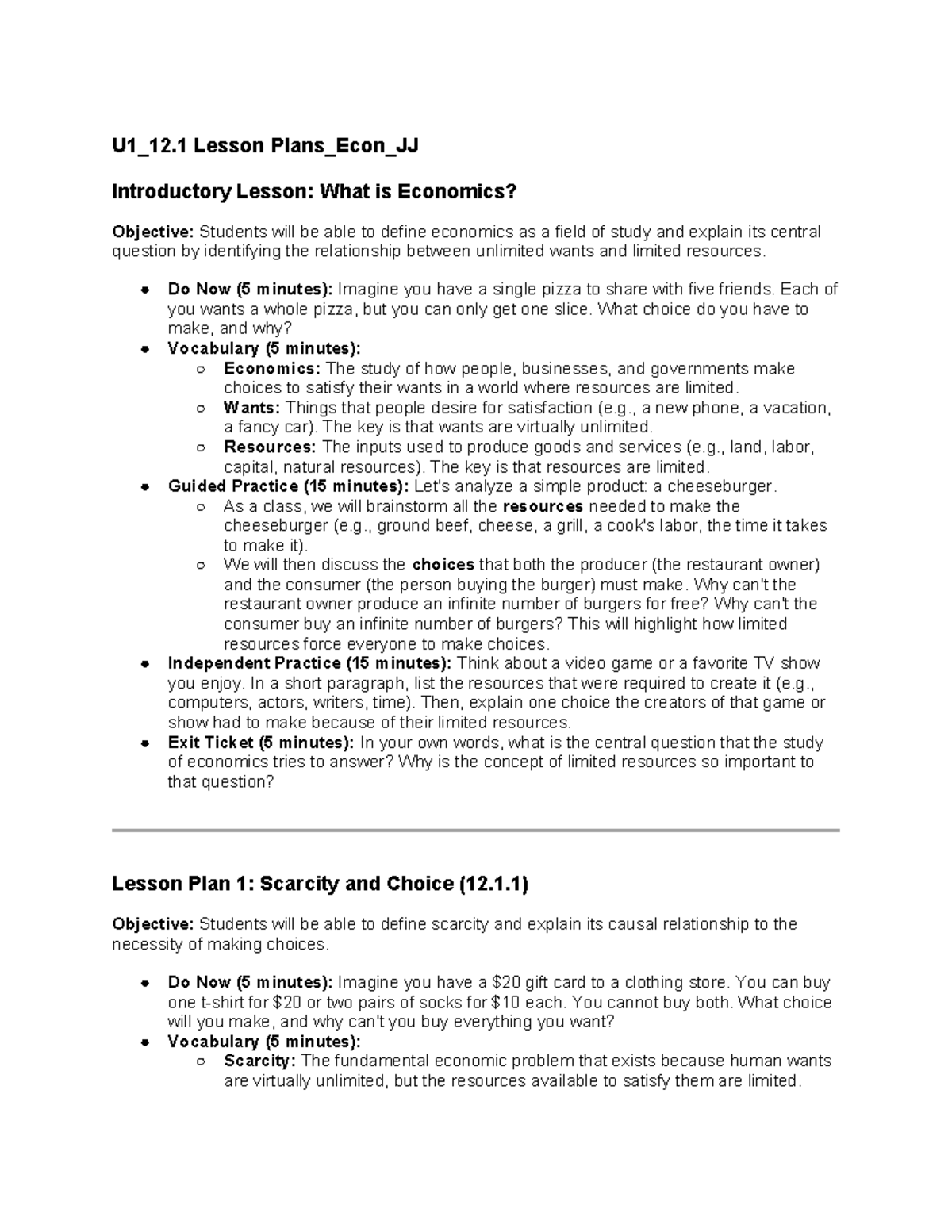 U1_12.1 Lesson Plans_Econ_JJ Understanding Scarcity and Choice - Studocu