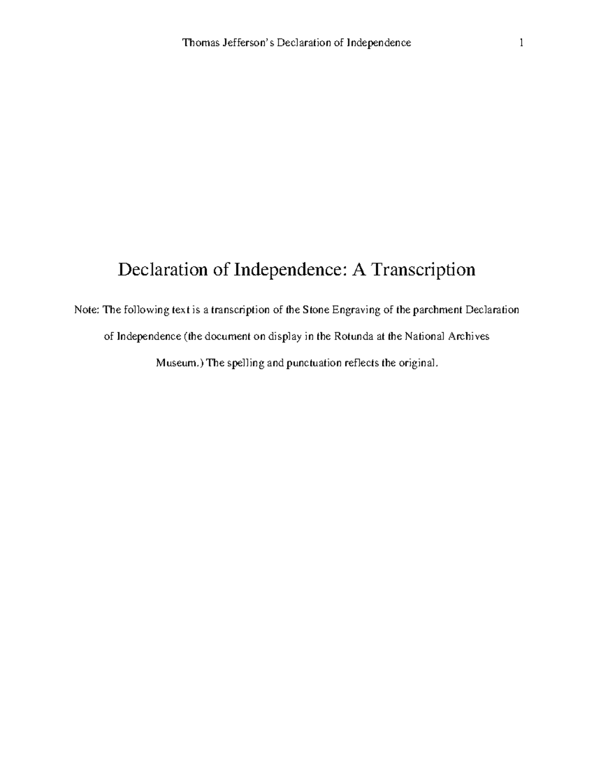 Thomas Jefferson's Declaration of Independence: Full Transcript - Studocu