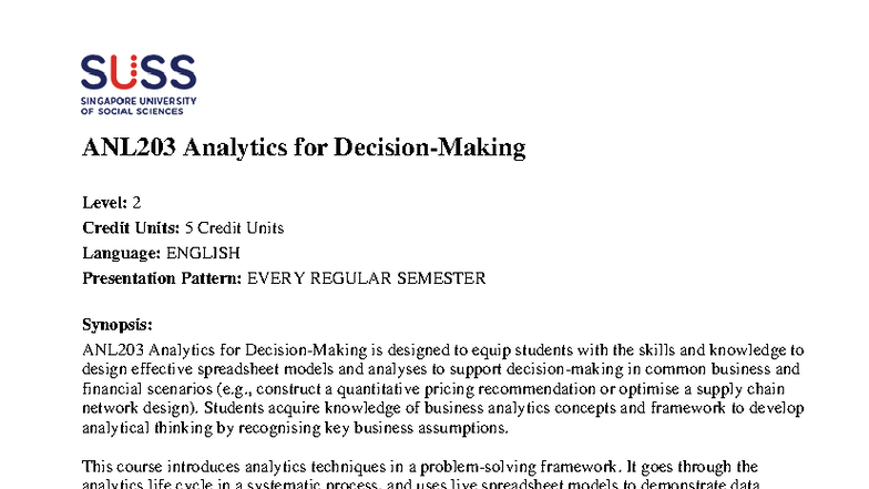 ANL203 Business Analytics: Spreadsheet Modelling & Techniques - Studocu