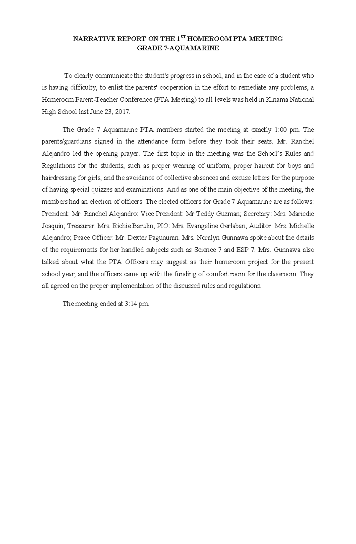 Narrative Report PTA - articles - NARRATIVE REPORT ON THE 1ST HOMEROOM ...