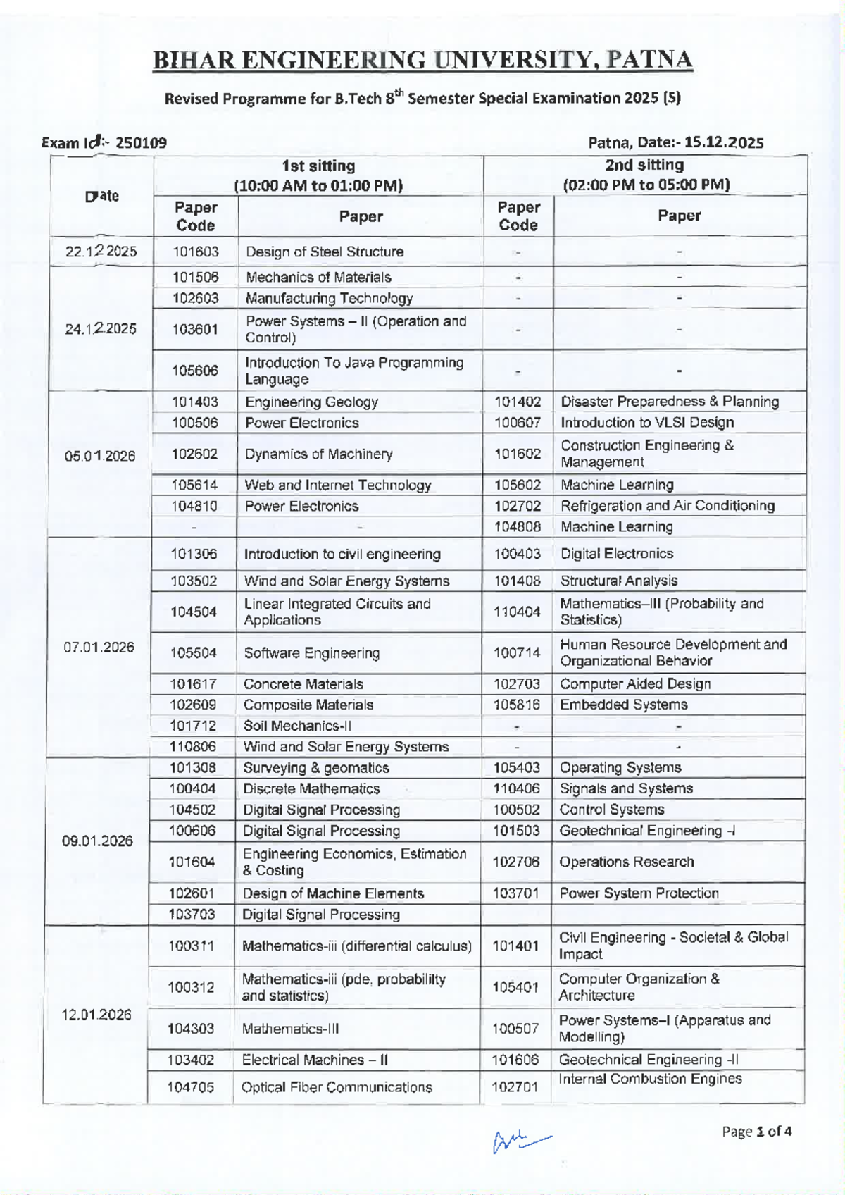 B.Tech 8th Sem Special Exam Schedule 2025 - BIHAR ENGINEERING ...