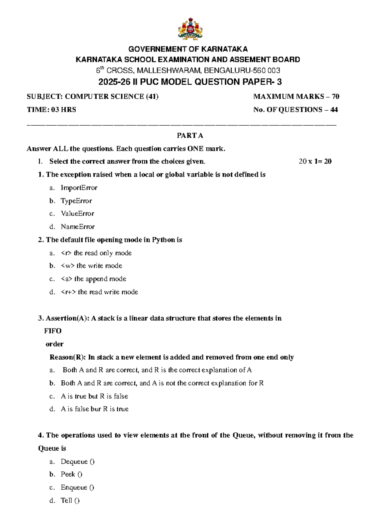 II PUC Computer Science Model Question Paper 41 for 2025-26 - Studocu