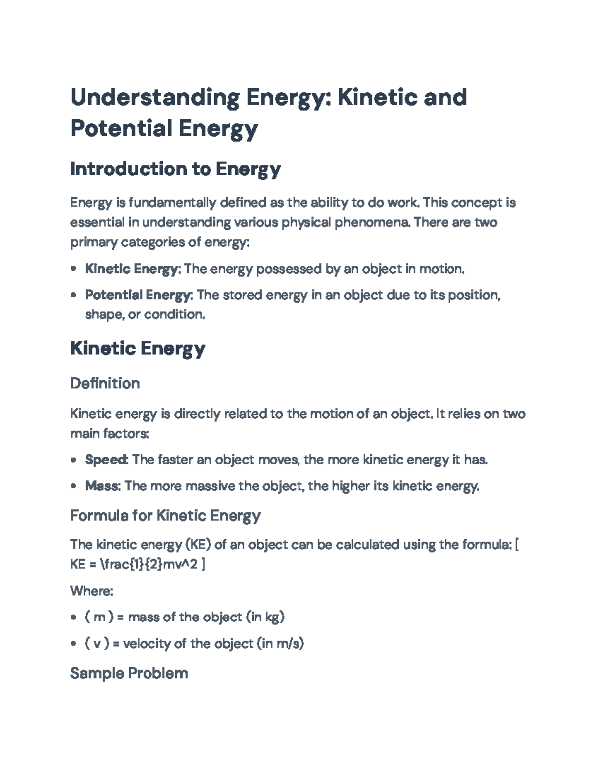 Understanding Kinetic and Potential Energy - PHYS 101 Lecture Notes ...
