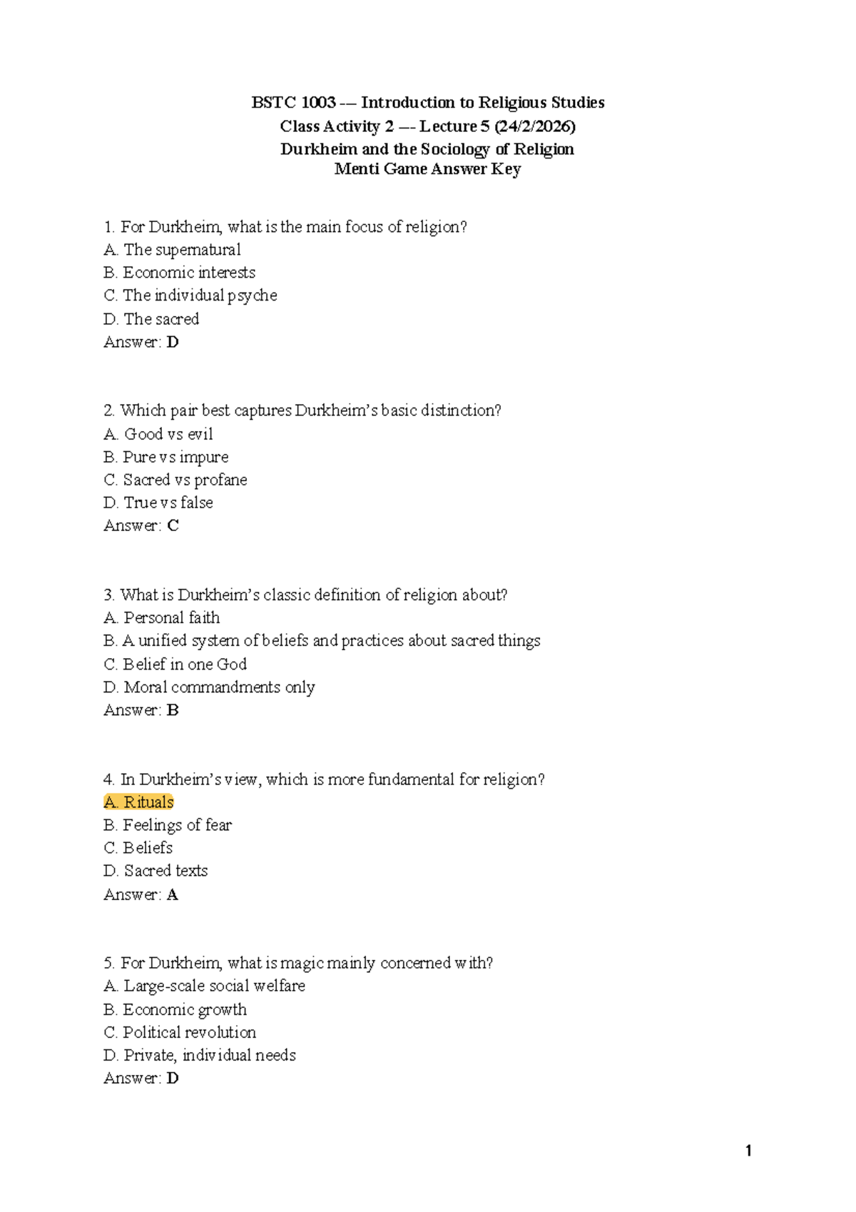 BSTC 1003 Lecture 5 Menti Game Answer Key on Durkheim's Religion - Studocu