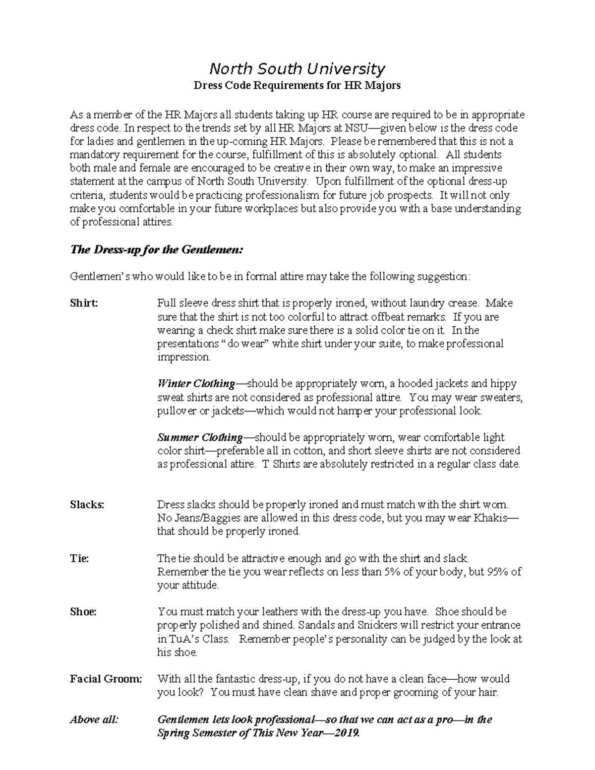 HRM-380 Dress Code Guidelines for HR Majors at NSU - Studocu