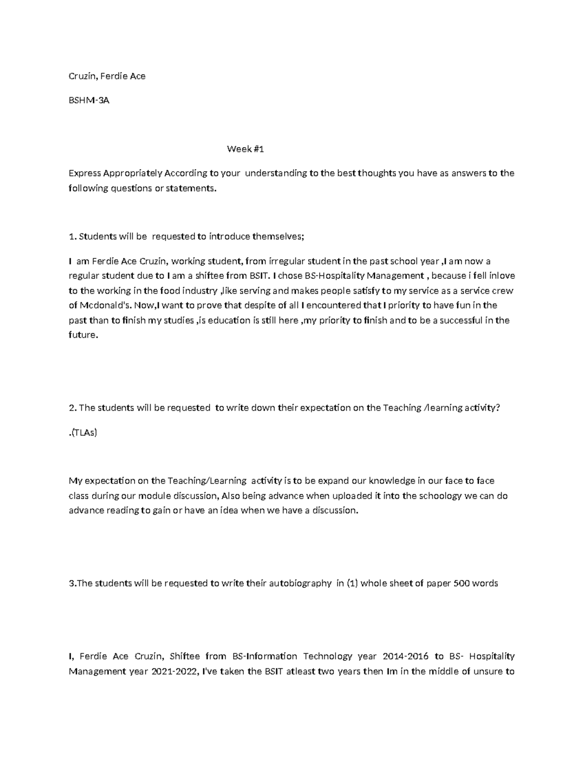 BSHM-3A Week 1 Teaching/Learning Activity Reflections by Ferdie Ace ...