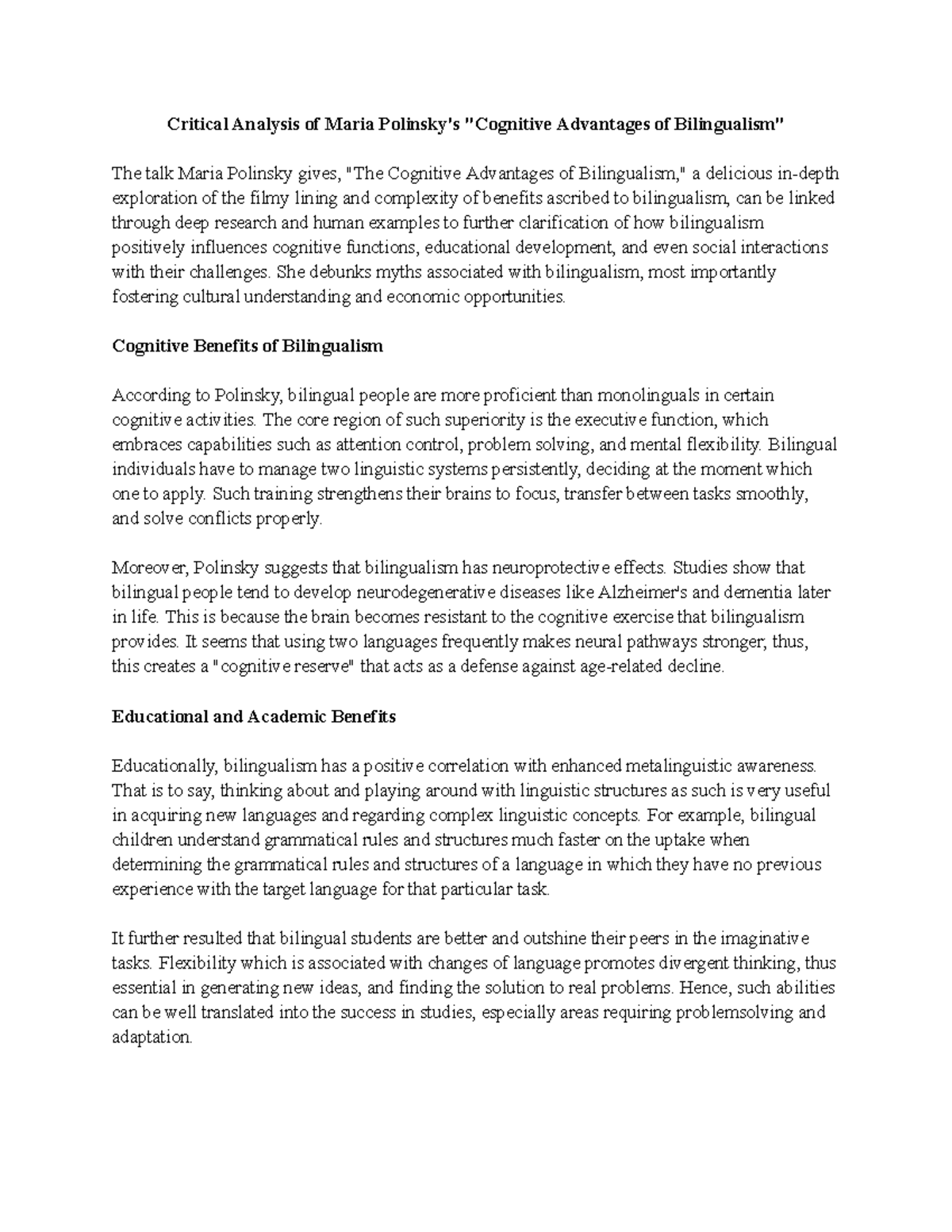 CP experiential - Critical Analysis of Maria Polinsky's "Cognitive ...