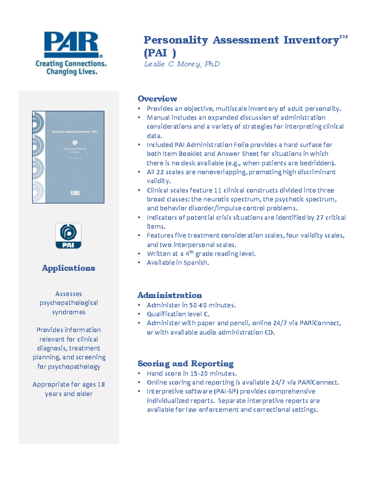 Personality assessment overview and applications (PAI) fact sheet - Studocu