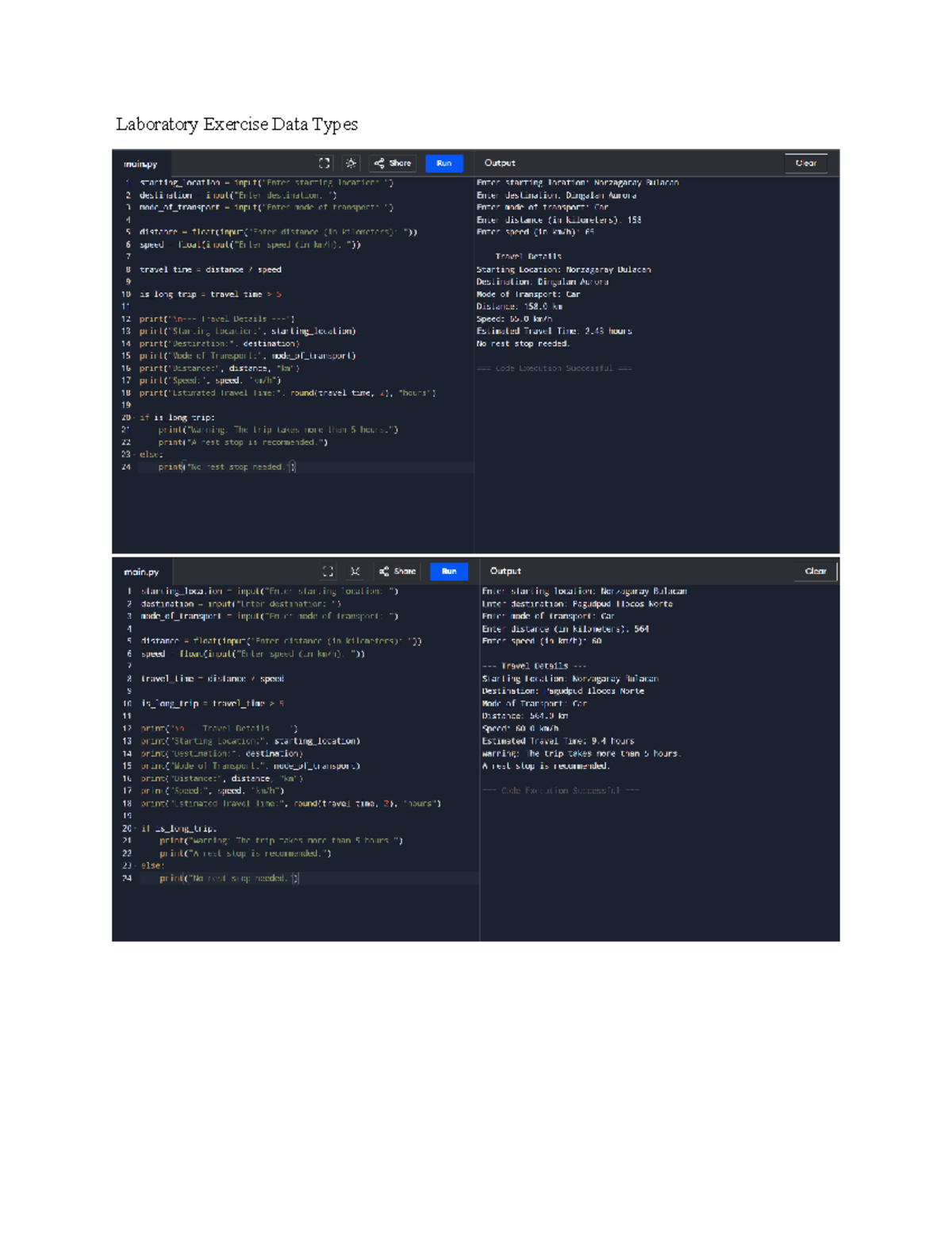 Laboratory Exercise 05: Data Types and Travel Time Calculation - Studocu