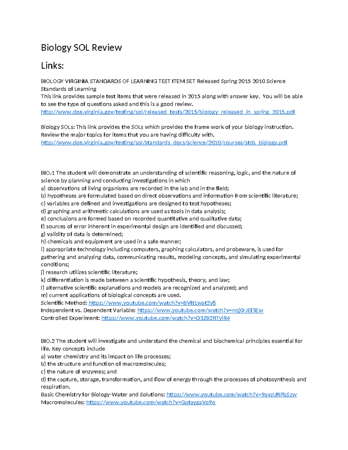 Biology-SOL-Review - Sol Review - Biology SOL Review Links: BIOLOGY ...