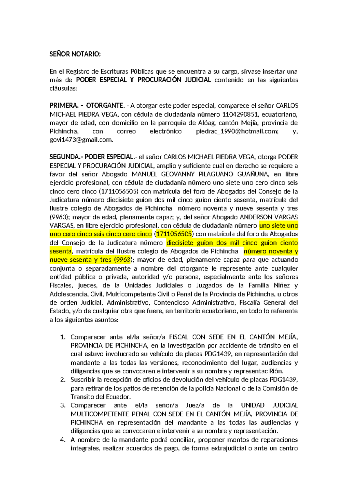 Poder Especial y Procuración Judicial - Caiminagua Leonel - Studocu