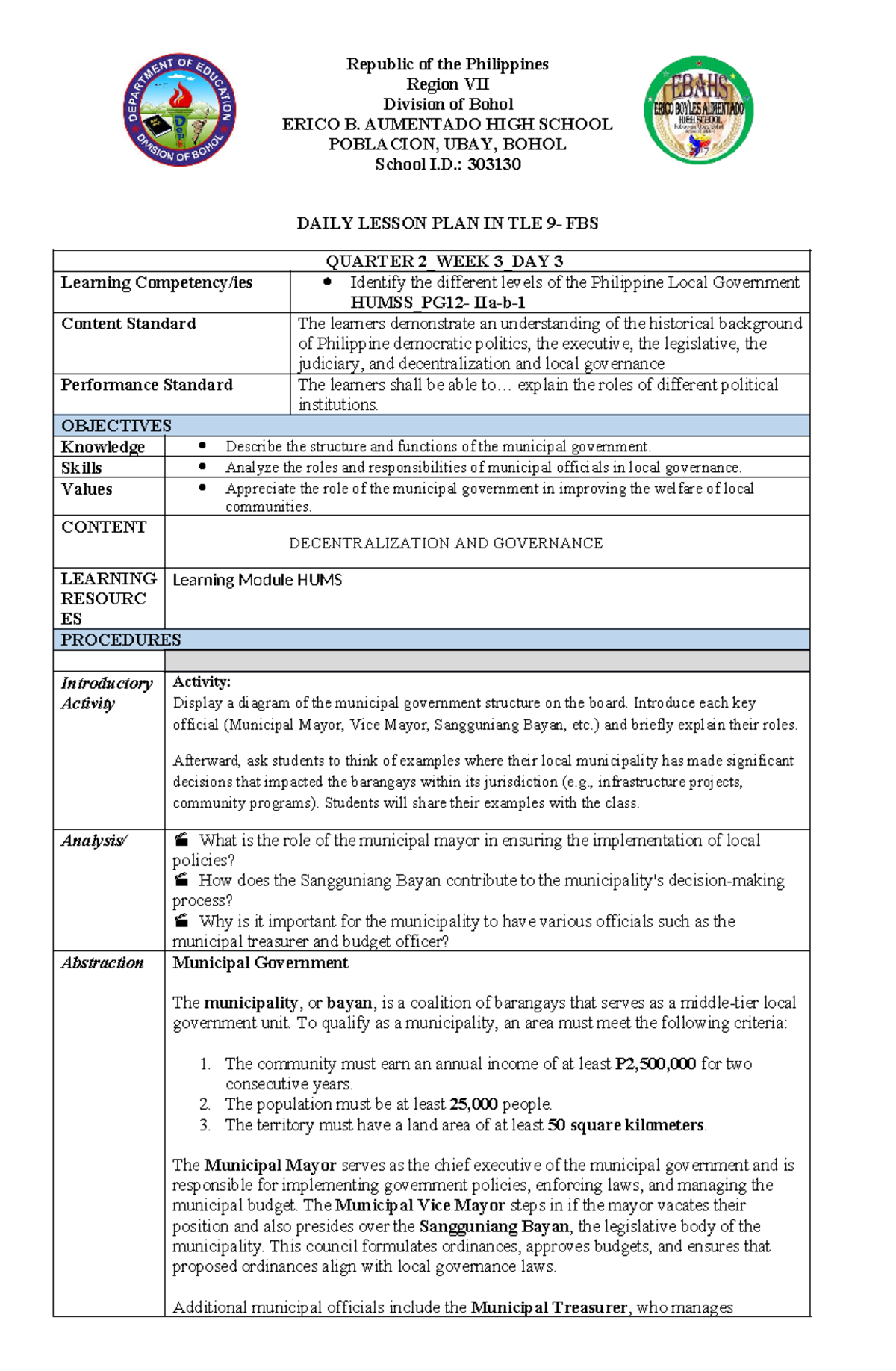 PPG 11 Daily Lesson Plan: Understanding Municipal Government Roles ...