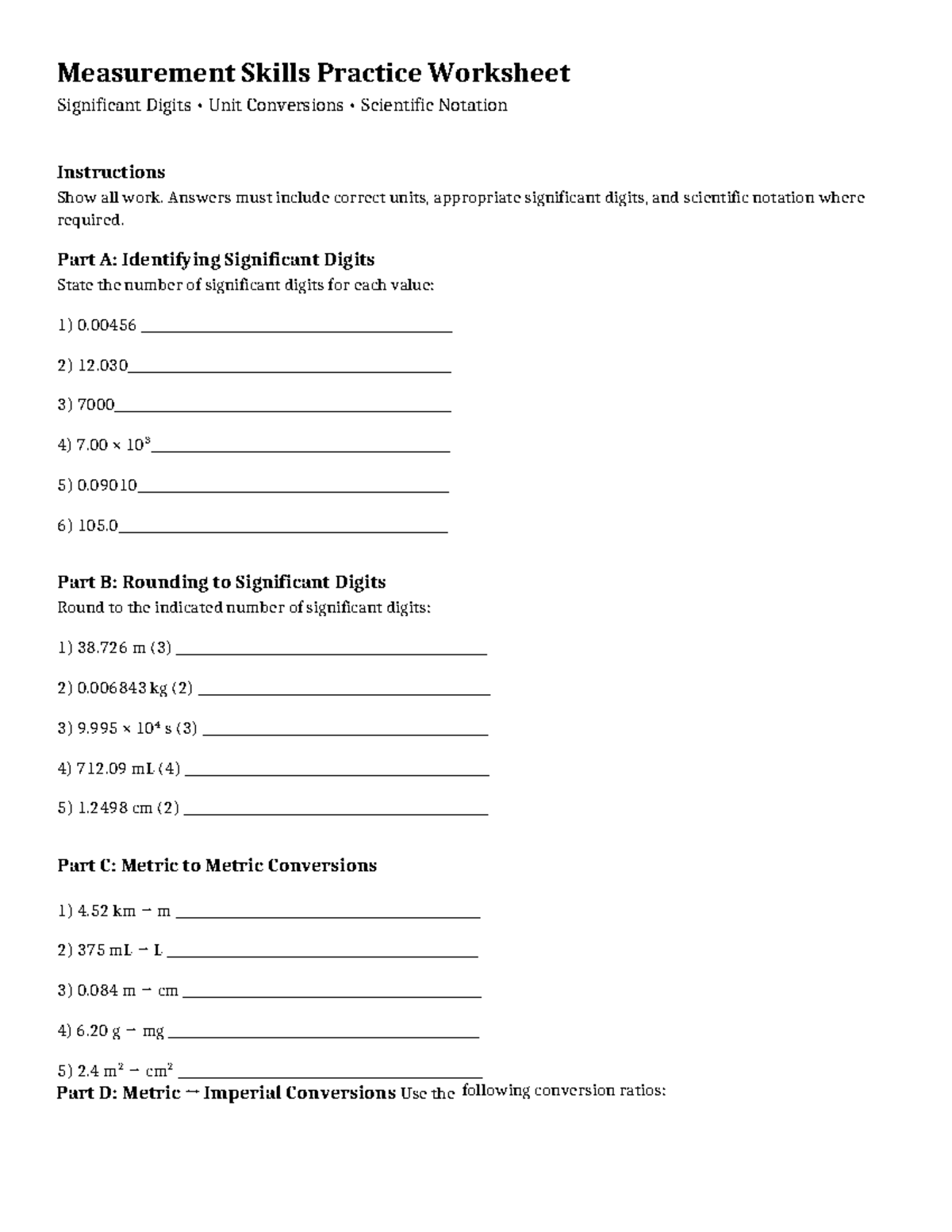 Measurement Skills Practice Worksheet: Significant Digits & Conversions ...