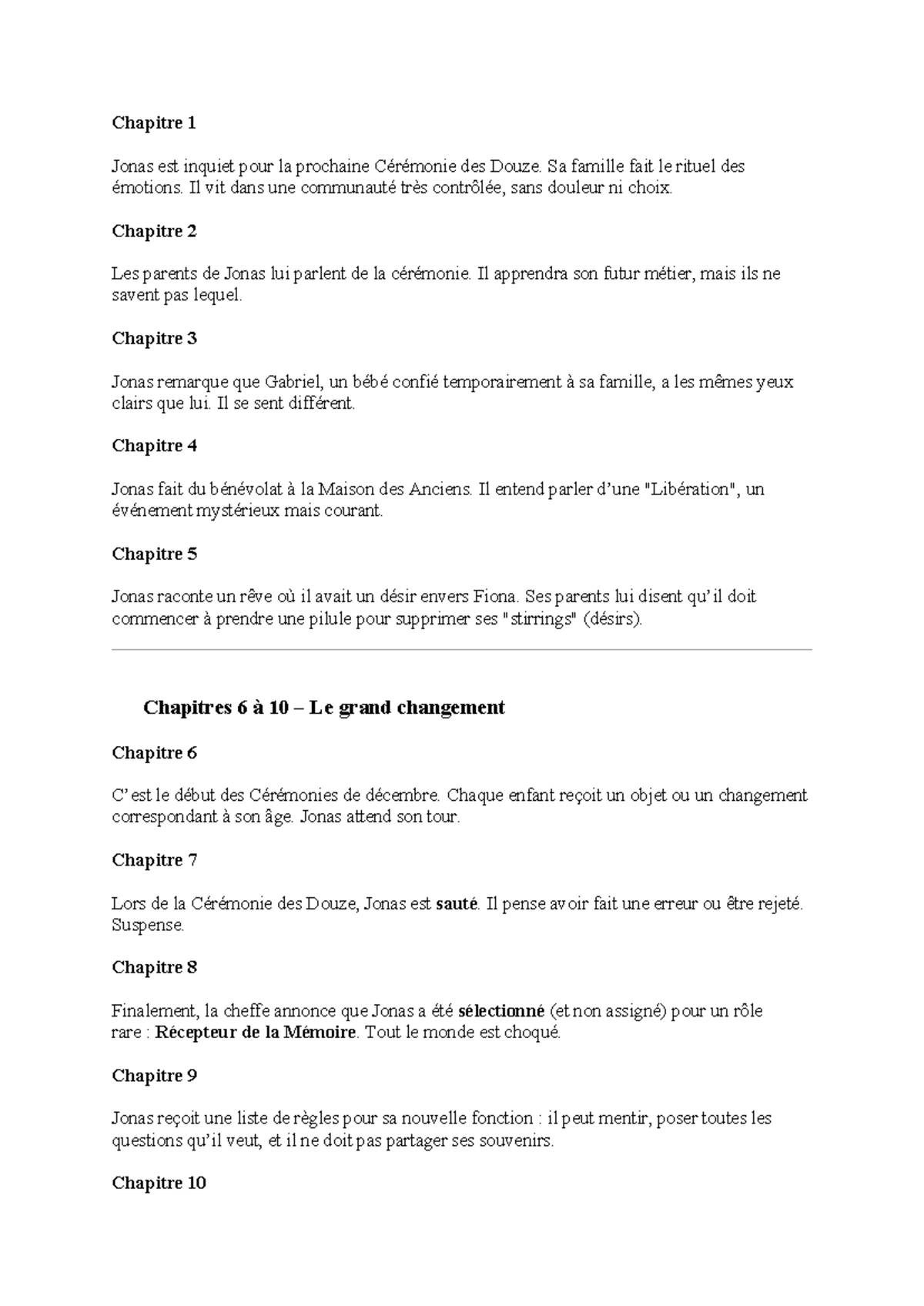 Le Passeur (The Giver) - Résumé et Analyse des Chapitres 1 à 15 - Studocu