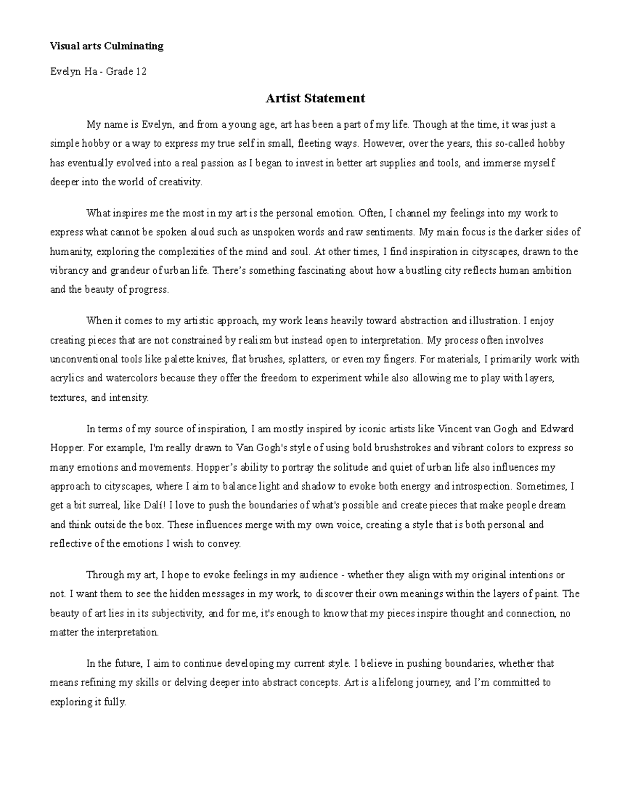 Artist Statement - Grade 12 Visual Arts - Evelyn Ha - Studocu