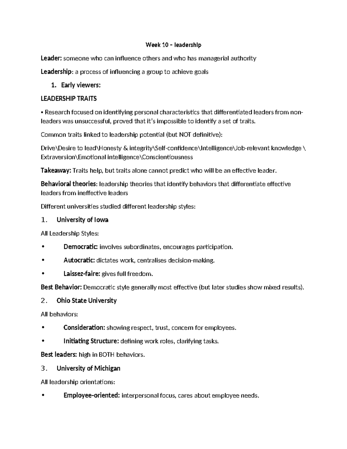 Week 10 - Leadership Final Notes (LEAD 101) - Studocu