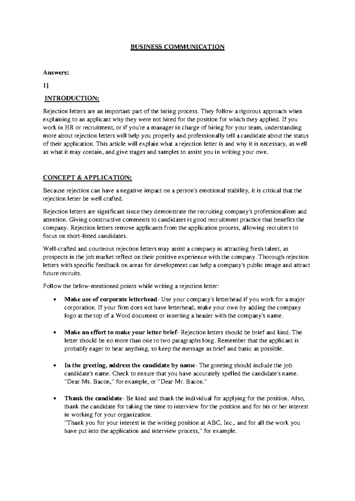 Business Communication 2nd Sem: Crafting Professional Rejection Letters ...