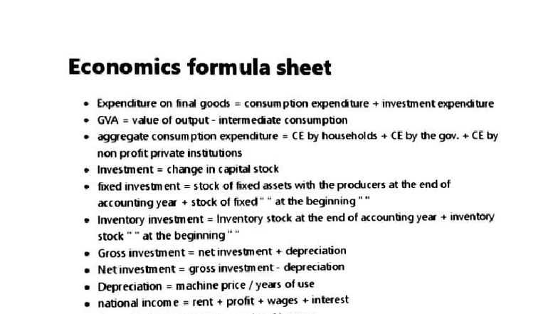 Economics Formula Sheet: Final Consumption & Investment (Expe) - Studocu