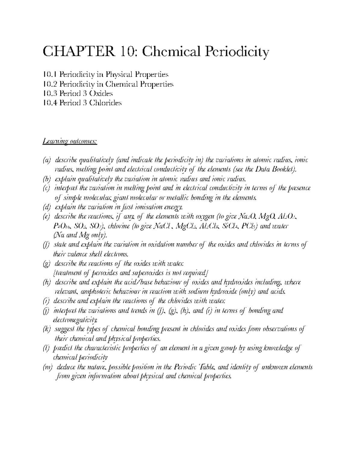 Chapter 10: Chemical Periodicity and Period 3 Compounds Overview - Studocu