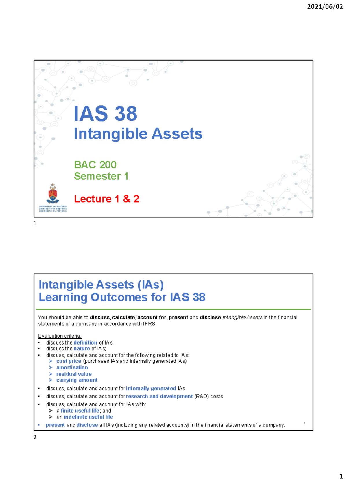 LA 8 - IAS 38 - Comprehensive Lecture Notes on Intangible Assets - Studocu
