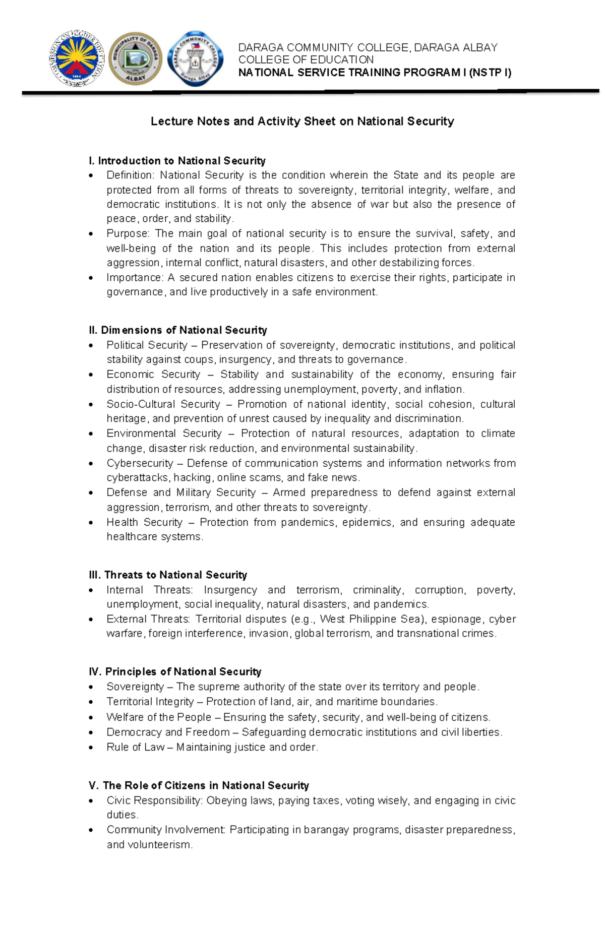 NSTP I Lecture Notes: Understanding National Security Concepts - Studocu
