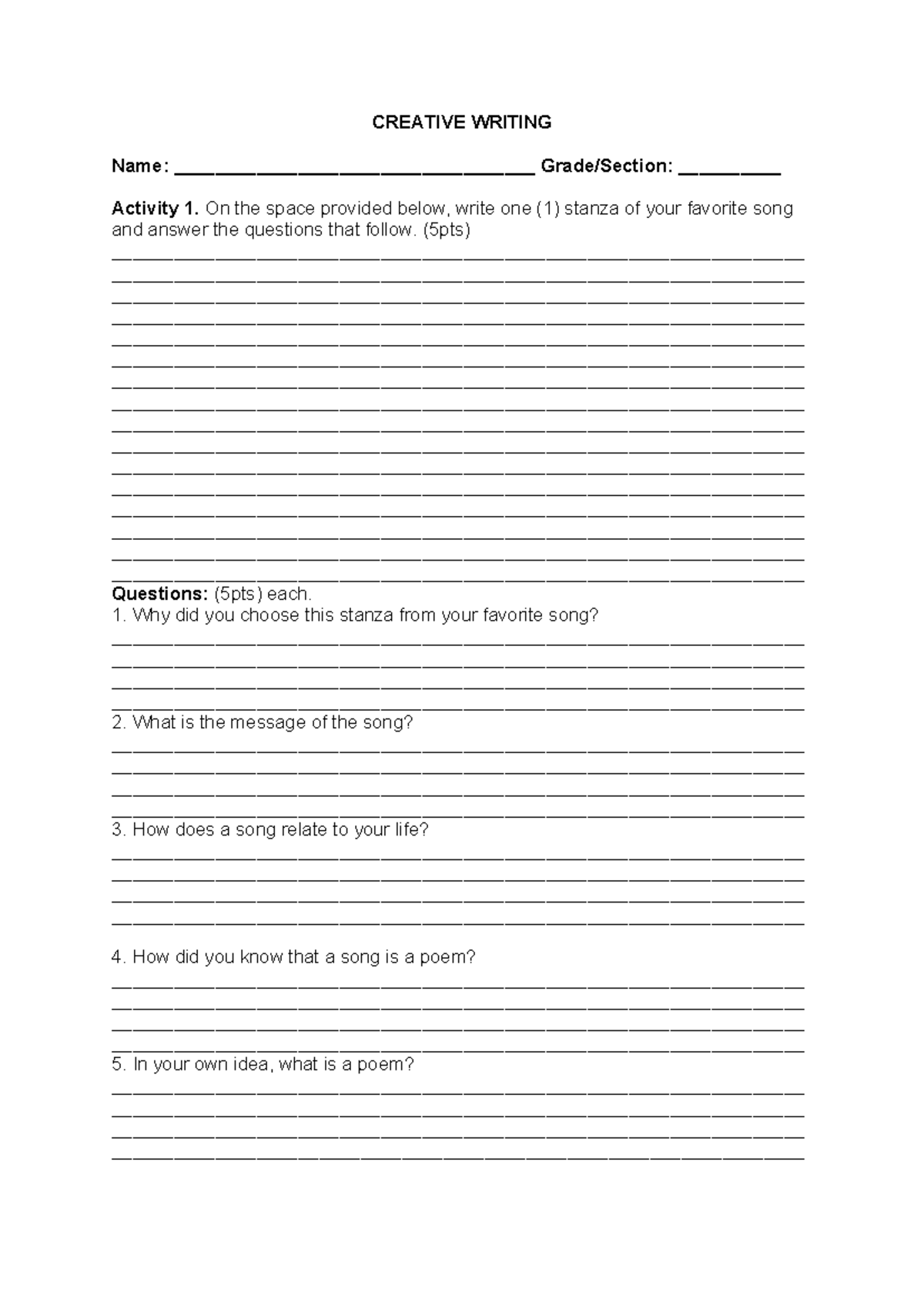 Creative Writing activity 1 - CREATIVE WRITING Name