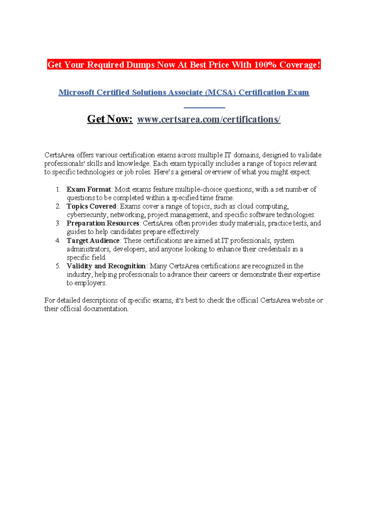 Microsoft Certified Solutions Associate (MCSA) Certification Exam ...