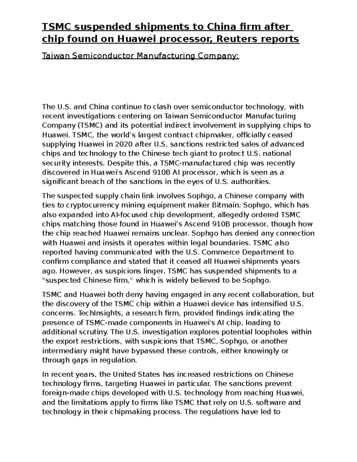 TSMC 2 - Summary of TSMC's Chip Supply Issues with Huawei - Studocu