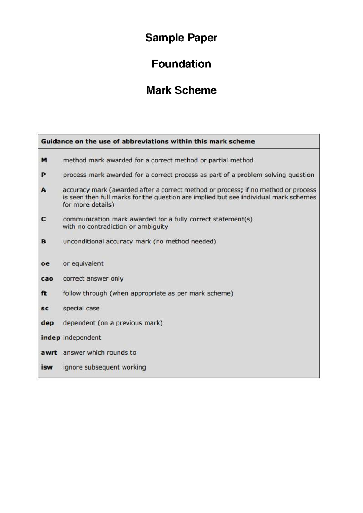 Maths Foundation Sample Paper 1 Mark Scheme Analysis - Studocu