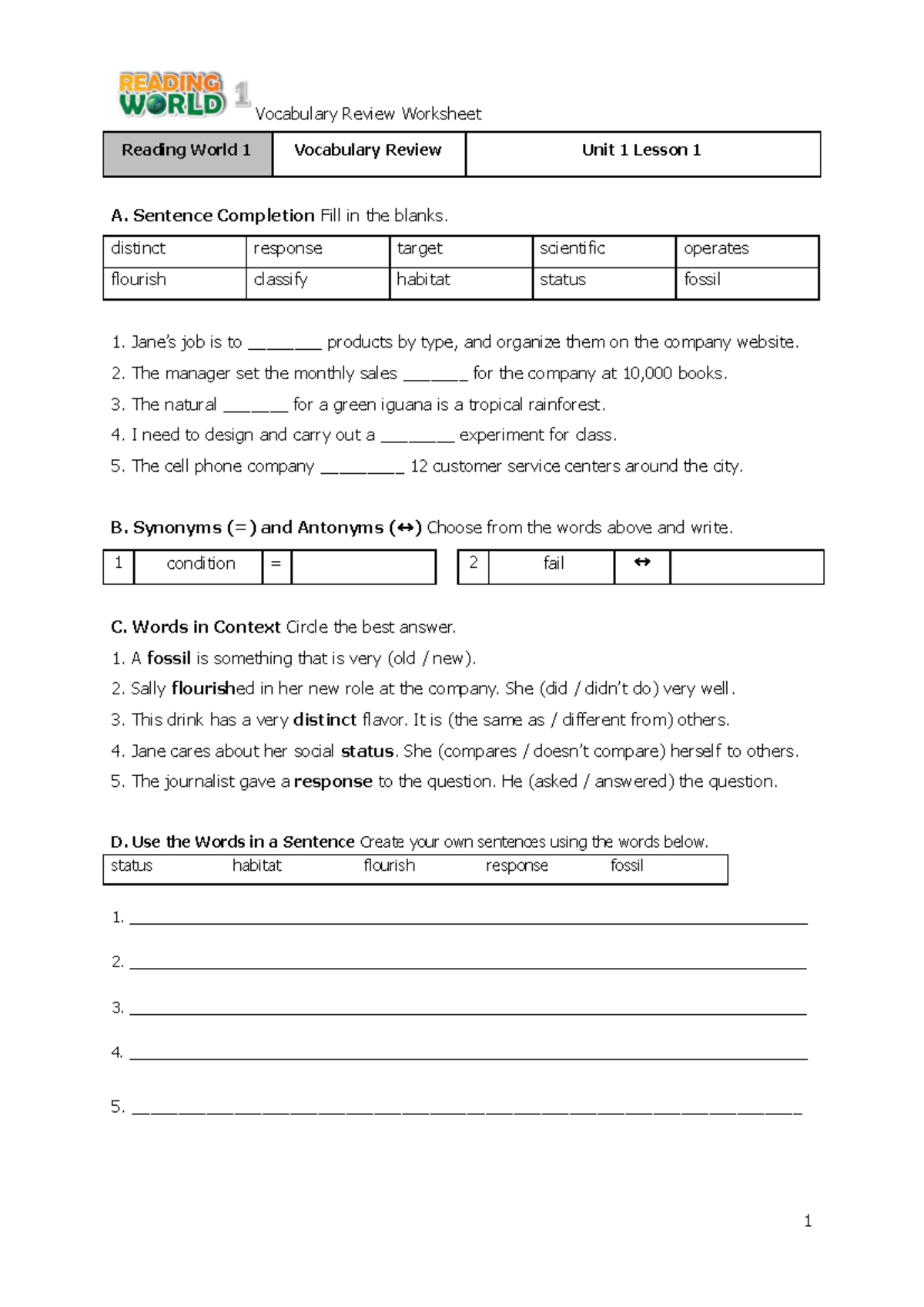 Vocabulary Review Worksheet: Reading World 1 Units 1-10 - Studocu