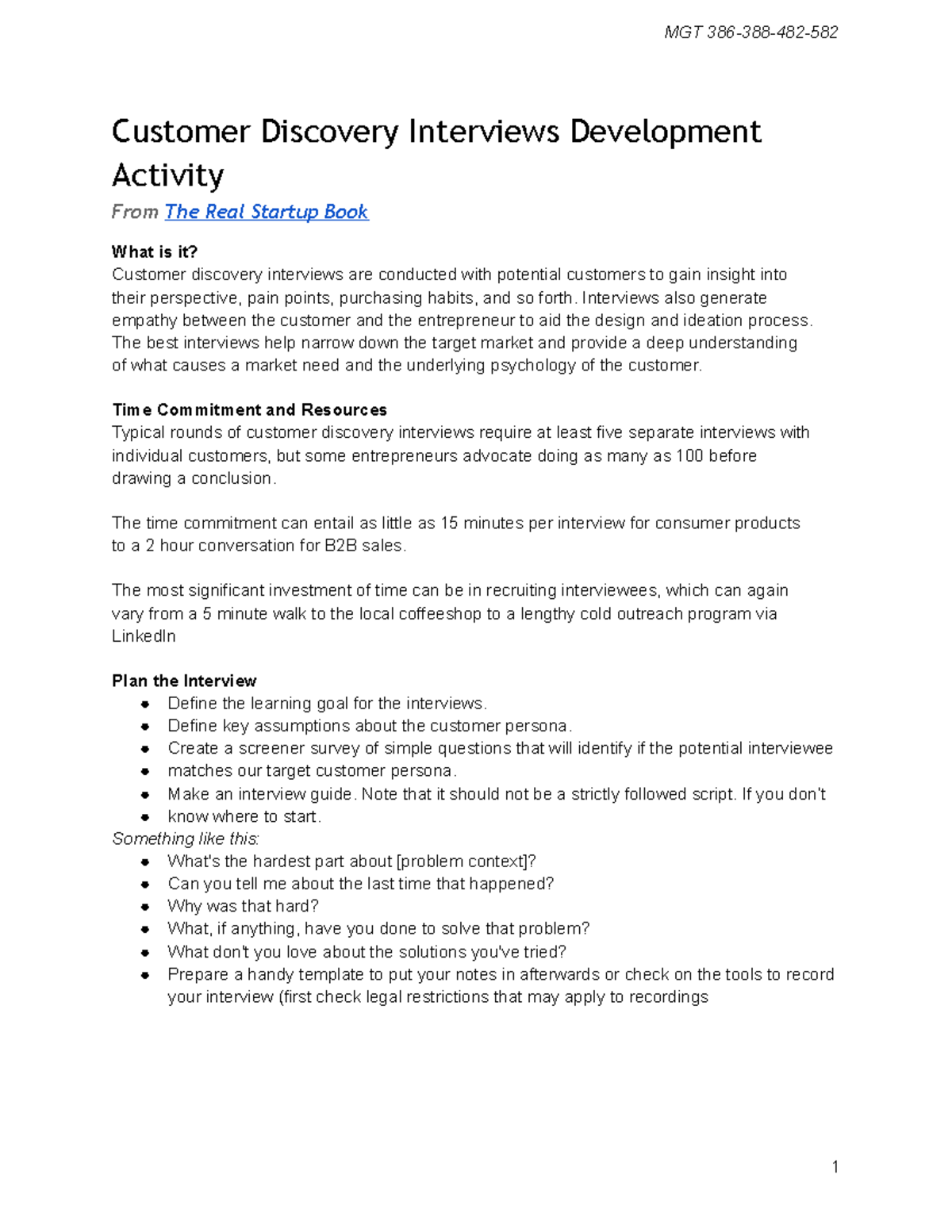 Customer Discovery Interviews Development Activity - Interviews also ...
