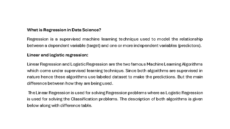 FDS UNIT-2: Understanding Regression in Data Science - Studocu