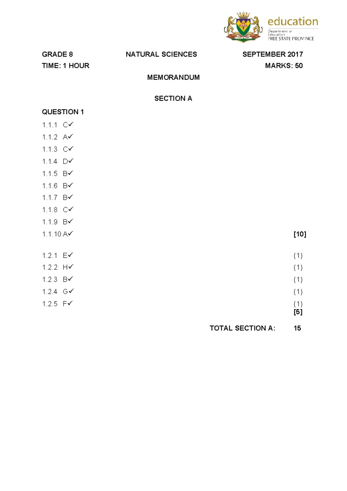 GAUTENG GRADE 9 NATURAL SCIENCES JUNE 2018 EXAM MEMORANDUM - Studocu