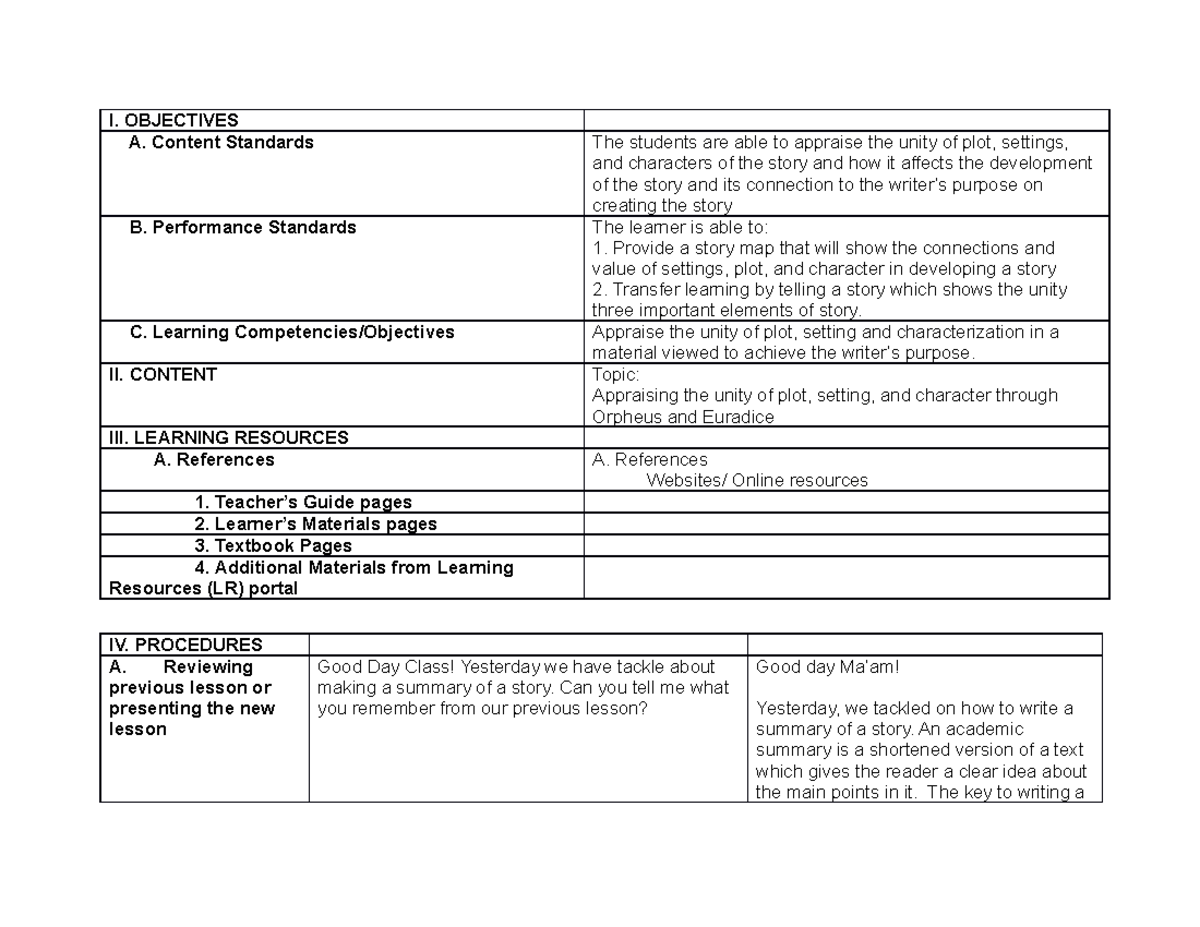 DLP - Comprehensive Lesson Plan on Plot and Character Analysis - Studocu