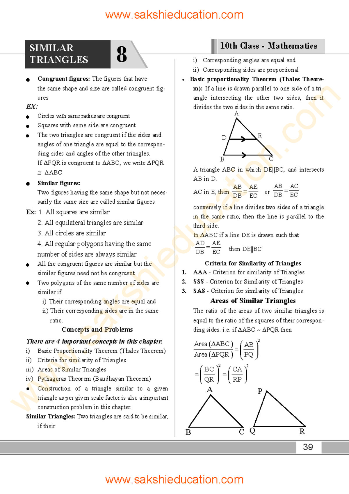 10th Class Mathematics: Similar Triangles Concepts and Problems - Studocu