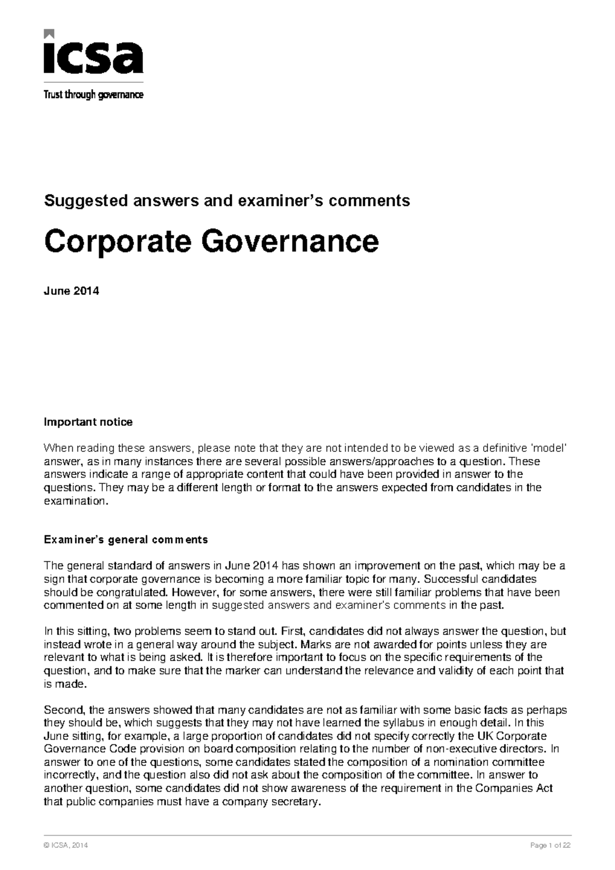 Corporate Governance Suggested Answers - June 2014 Examination - Studocu