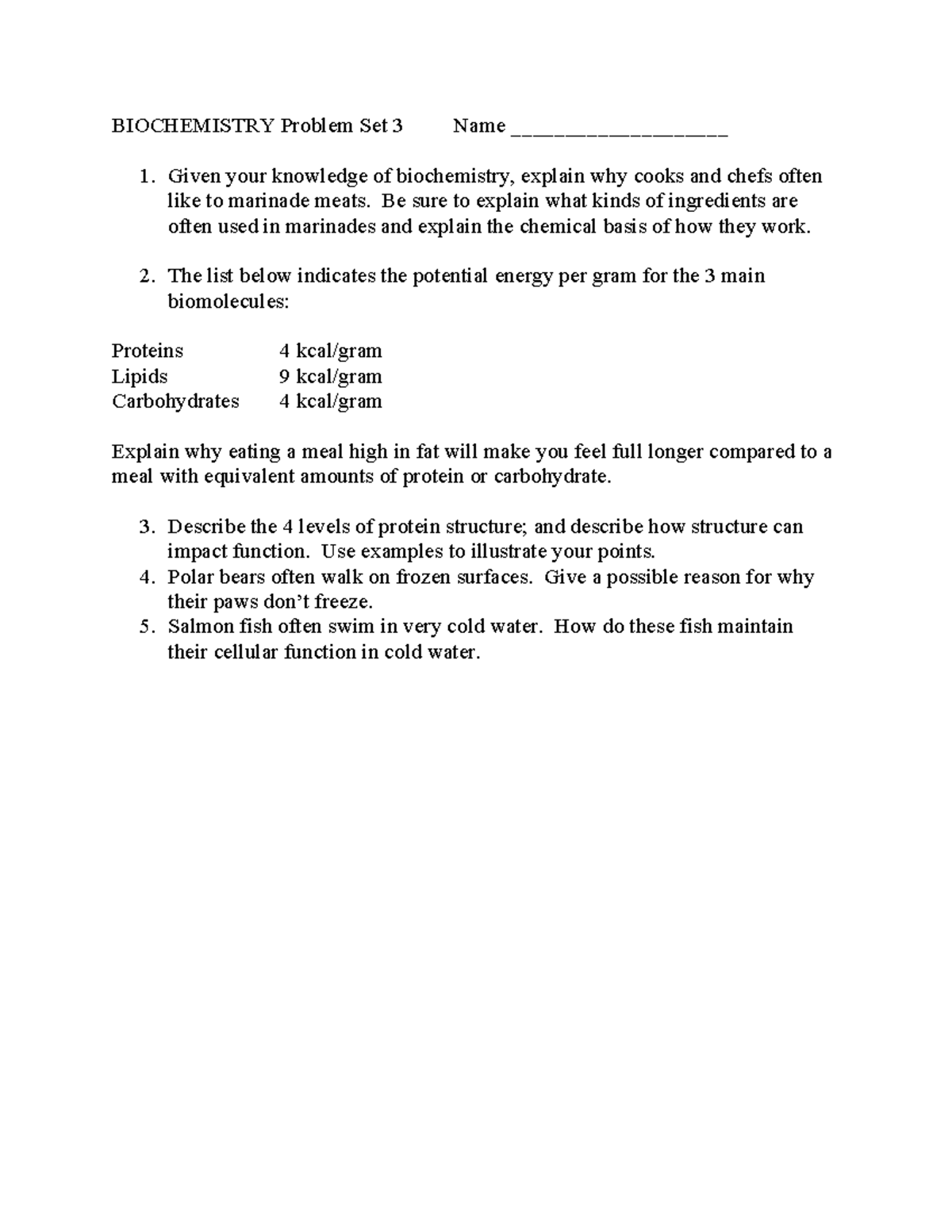 BIOCHEMISTRY Problem Set 3: Marinades, Biomolecules & Protein Structure ...