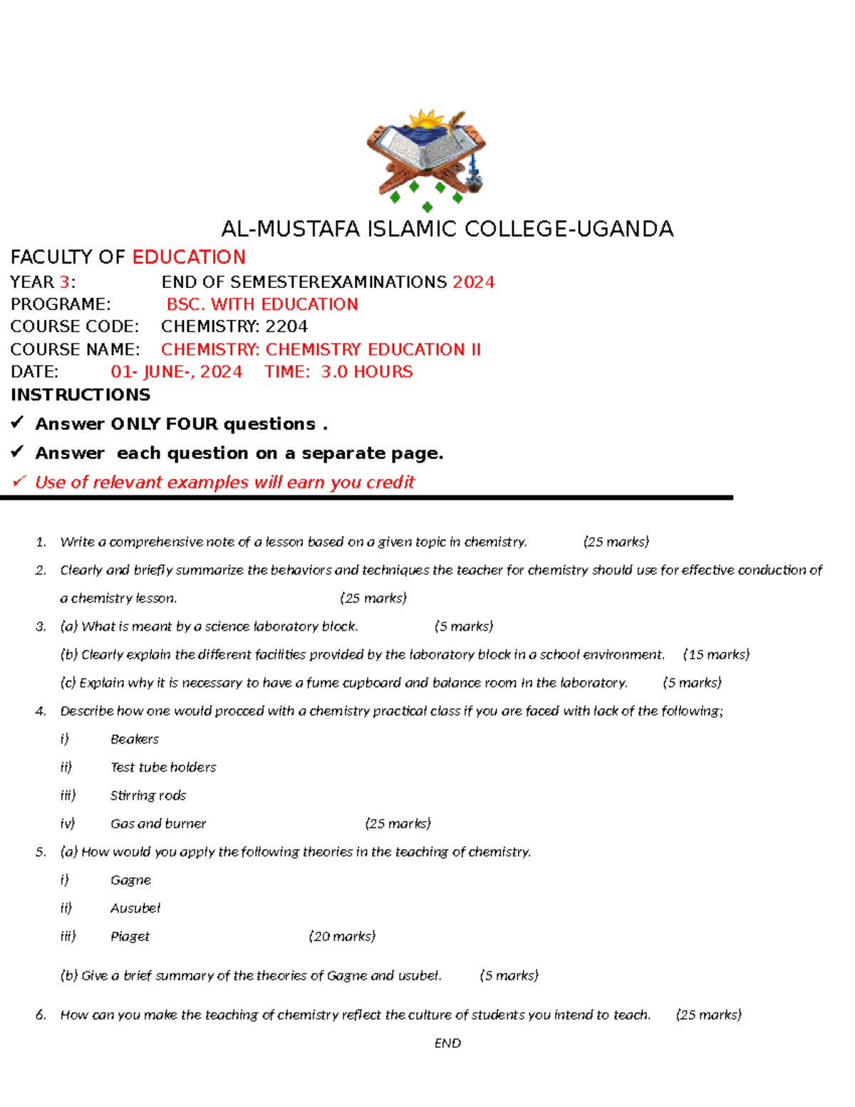 CHEMISTRY 2204: END OF SEMESTER EXAMINATION NOTES 2024 - Studocu