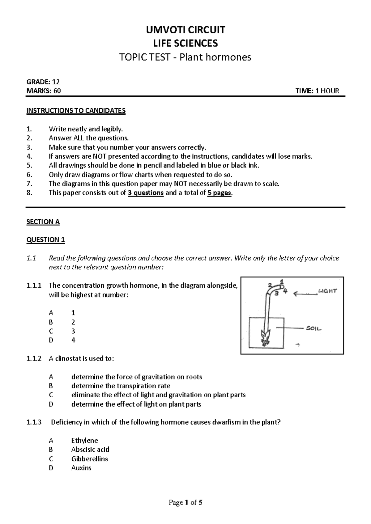 Grade 12 LS Topic Test: Plant Hormones and Their Effects - Studocu