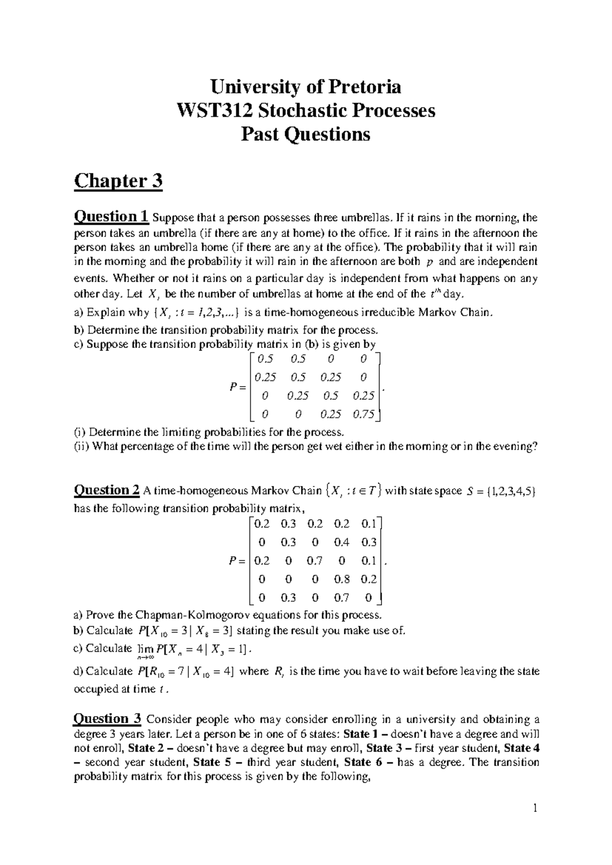 Tutorial WST312: Stochastic Processes Chapter 3 Past Questions 2025 ...