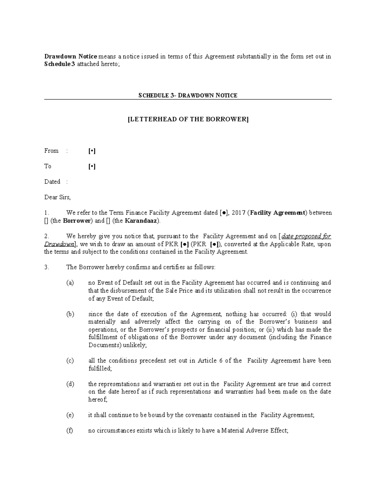 Drawdown Notice for Term Finance Facility Agreement - Studocu