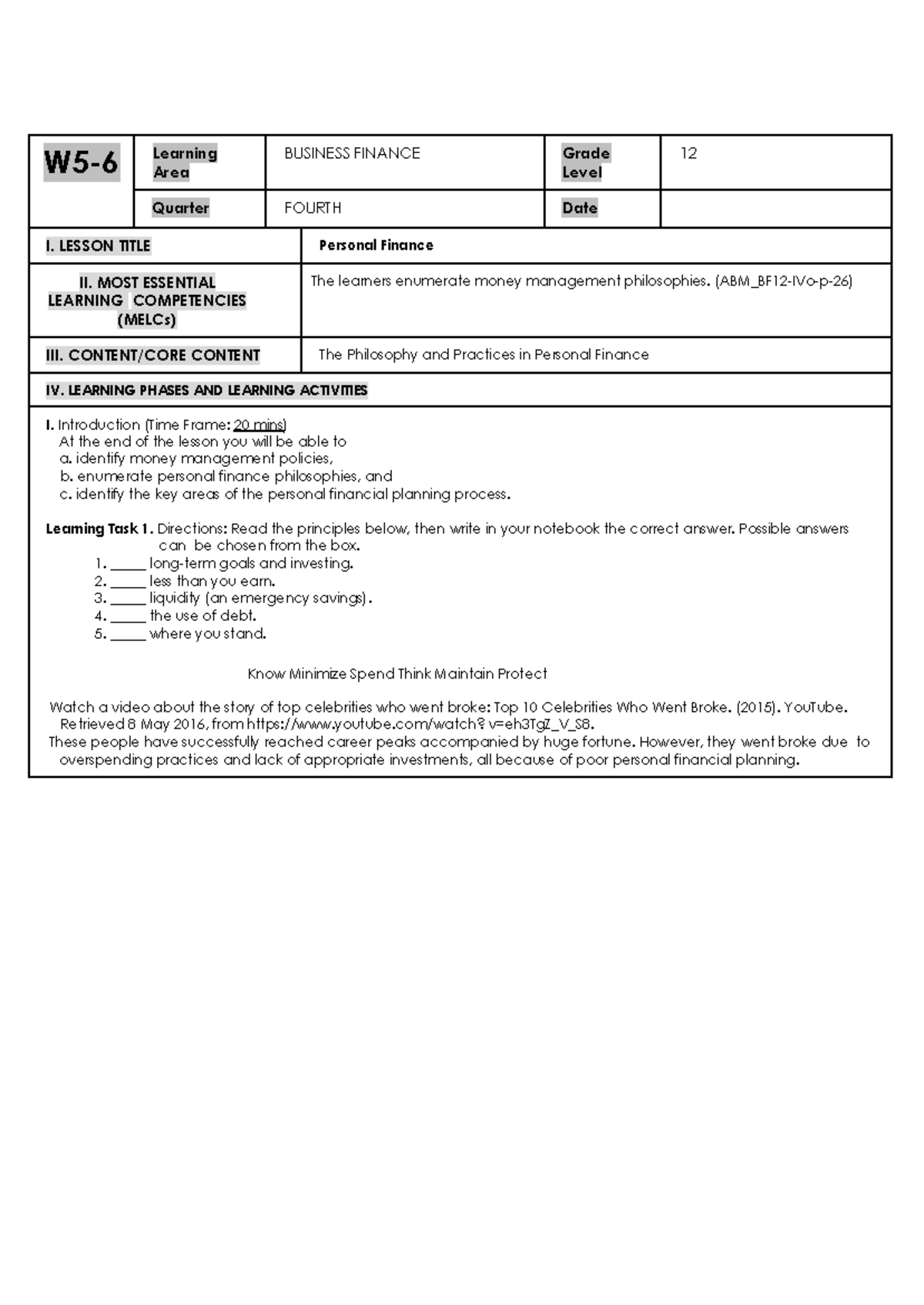 BUSFIN 12: Personal Finance Lesson Plan & Key Financial Philosophies ...