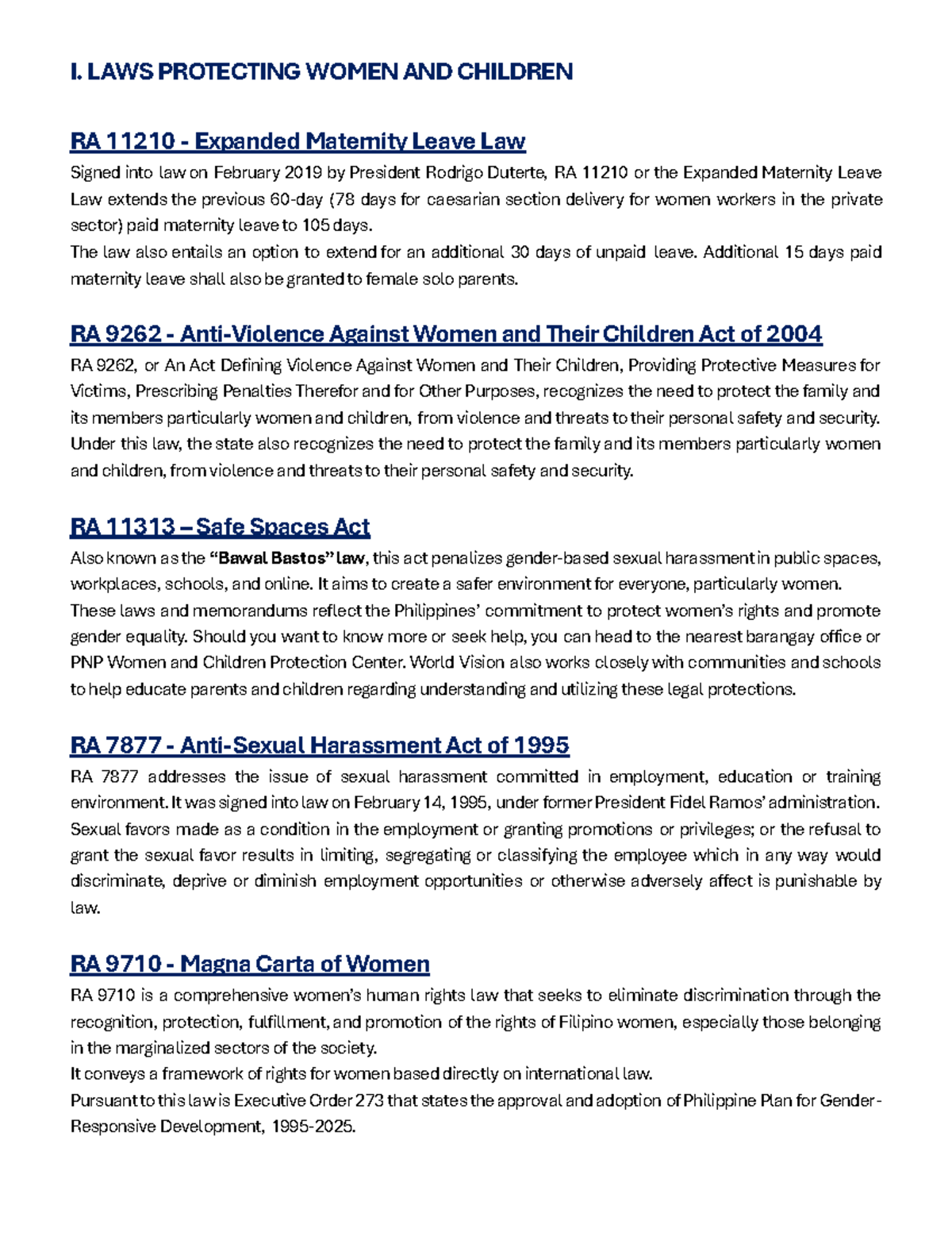Gender Law - Notes - I. LAWS PROTECTING WOMEN AND CHILDREN RA 112 10 ...